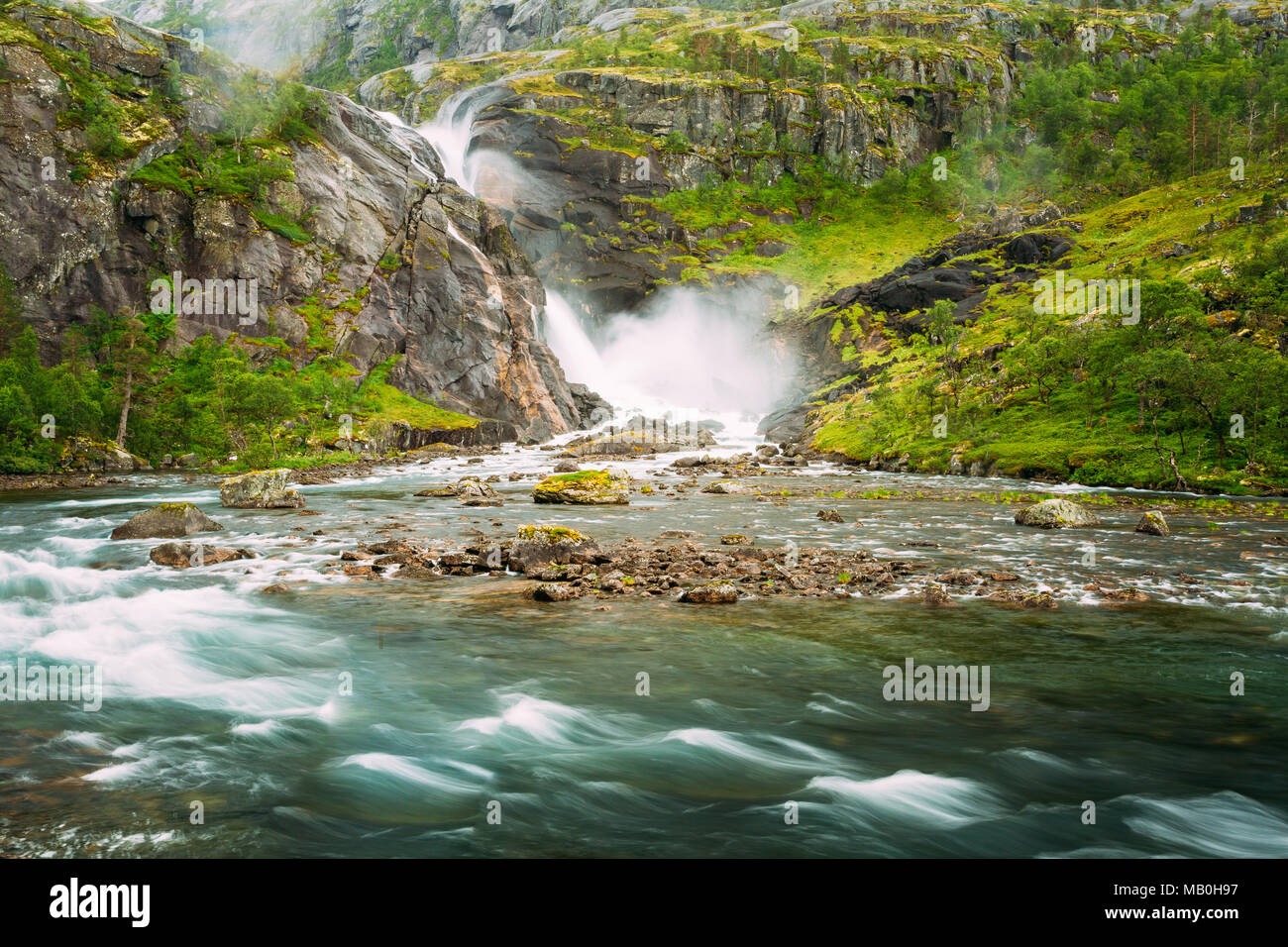 Norway. Beautiful Waterfall In Valley Of Waterfalls In Norway ...