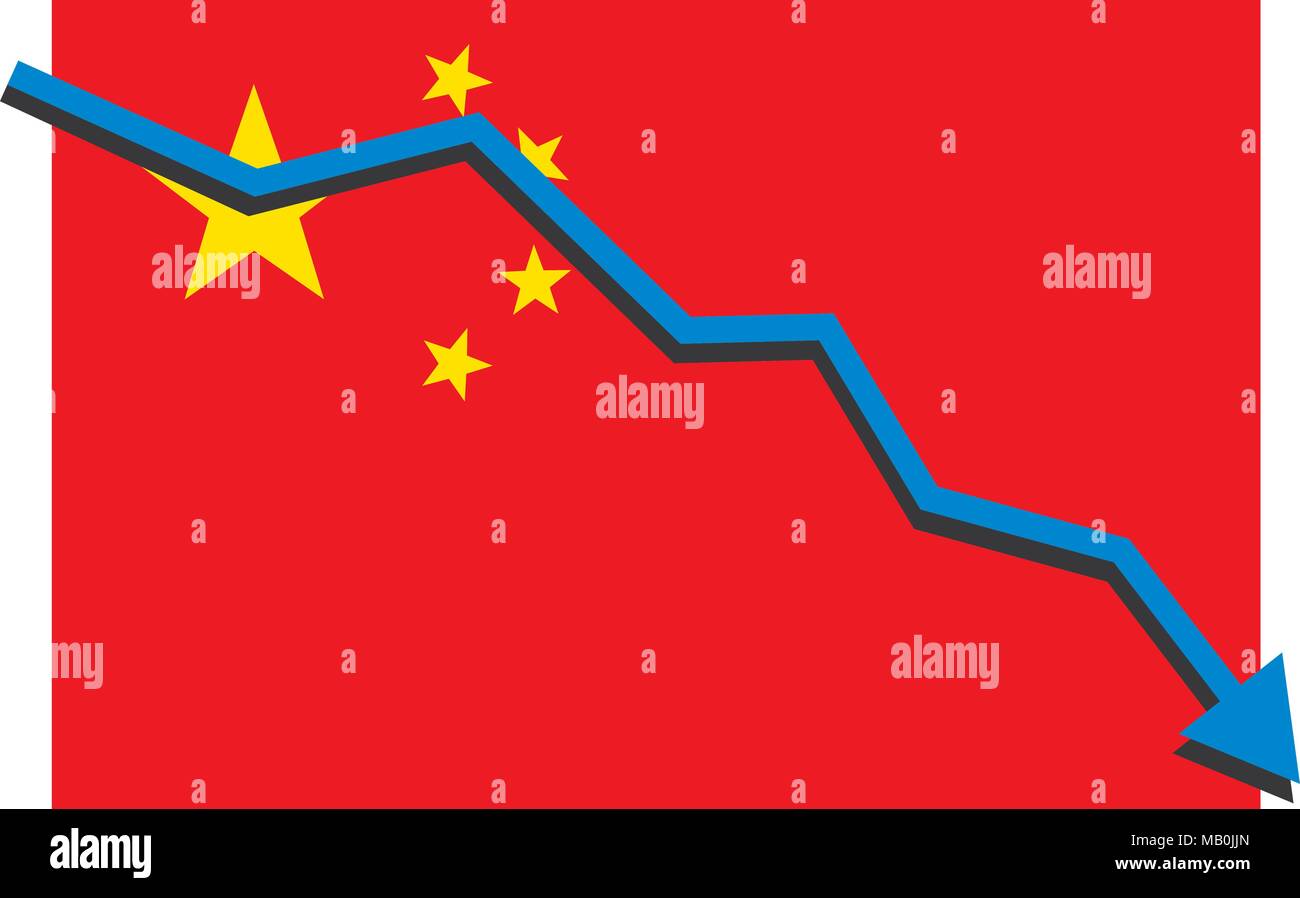China flag with red arrow graph going down showing economy recession ...