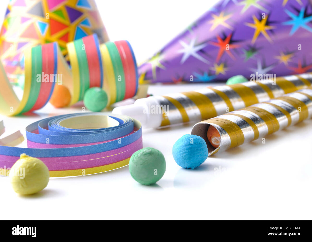 paper balls and cotillons on white background Stock Photo - Alamy
