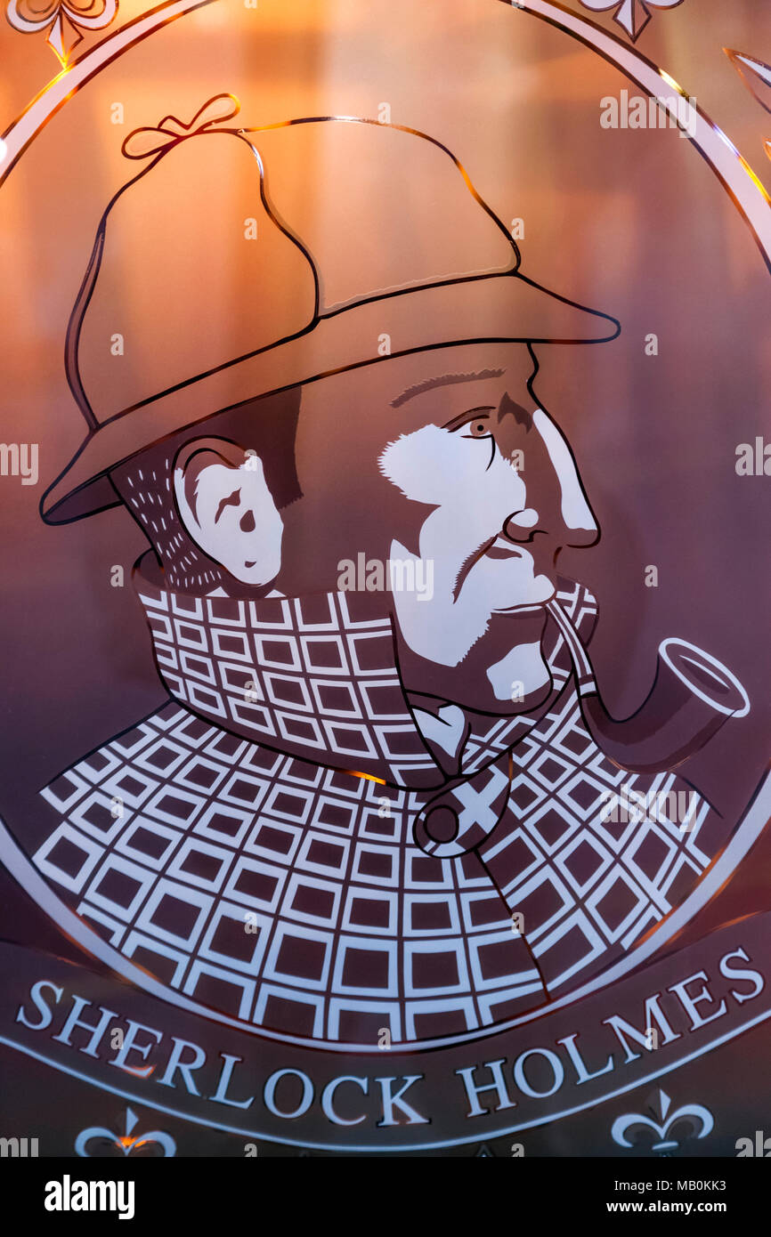 England, London, Sherlock Holmes Pub, Window with Image of Sherlock ...