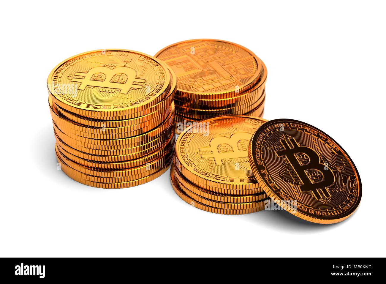 Stacks of bitcoins isolated on white background with one bitcoin ...