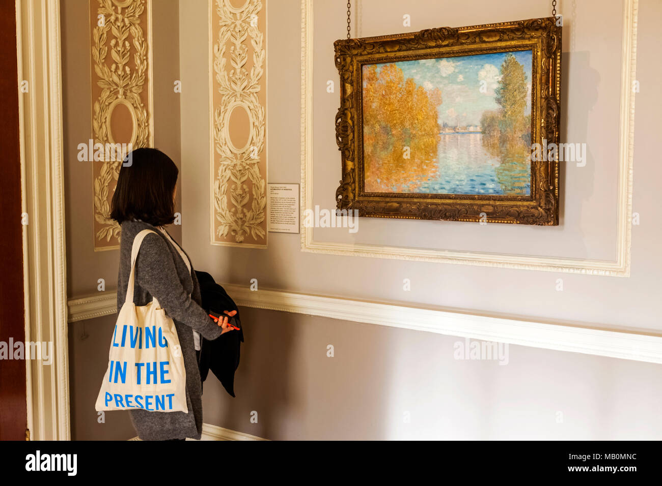 England, London, Courtauld Gallery, Visitor Looking at Monet Painting ...