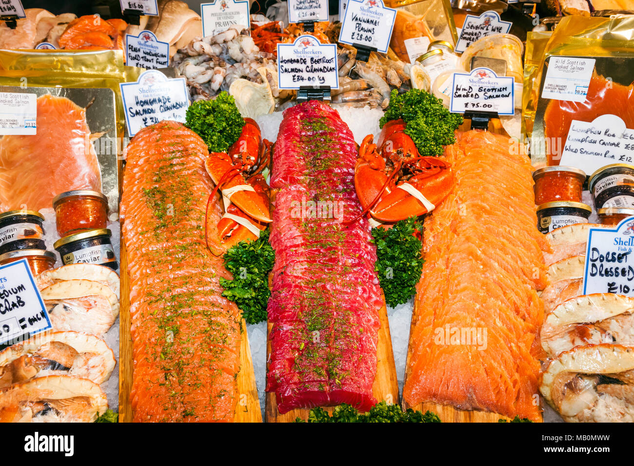 England, London, Southwark, Borough Market, Seafood Stall, Display of ...