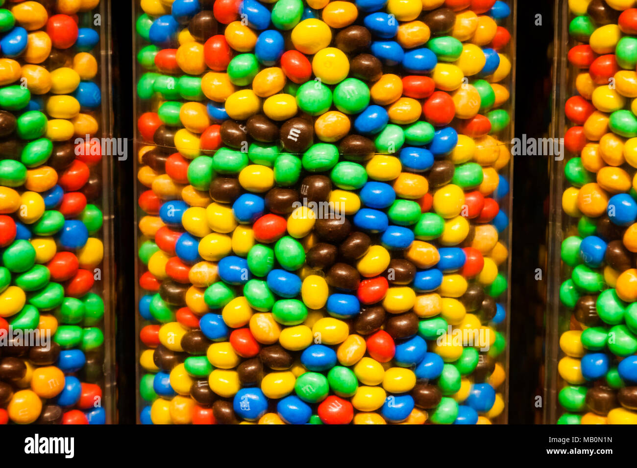 England, London, Leicester Square, M&M Store, Store Display of M&Ms ...