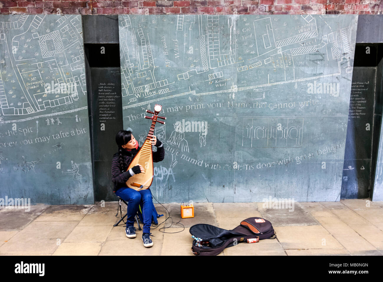 England, London, Southwark, Bankside, Female Chinese Busker Playing ...