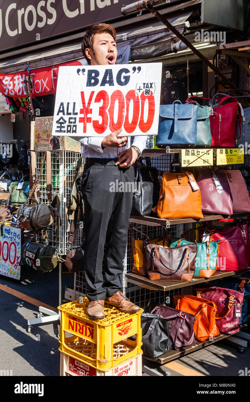 Japan, Hoshu, Tokyo, Ueno, Ameyoko Shopping Street, Bag Salesman Stock ...