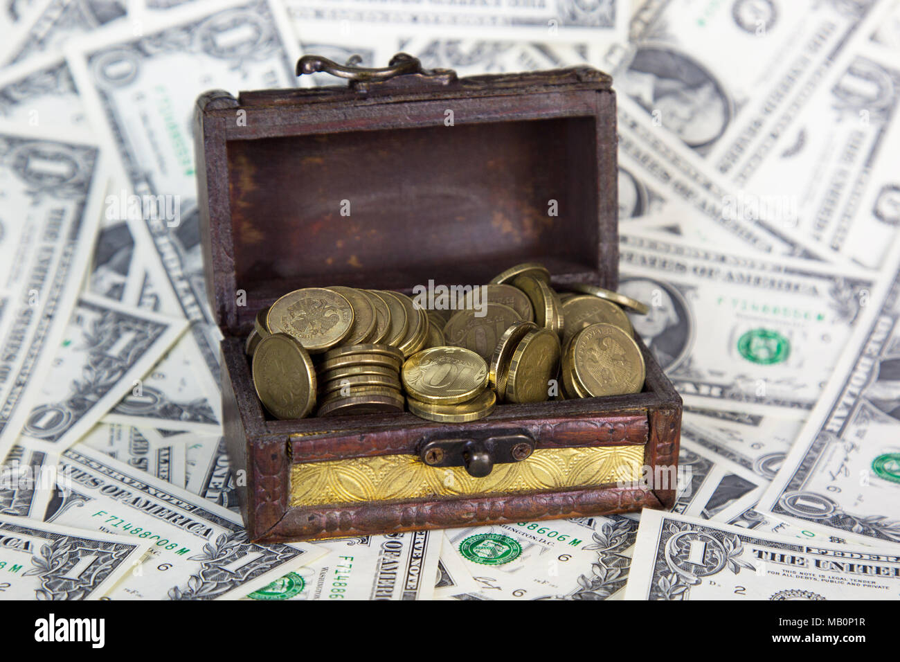 Chest full of jewelry of metal coins and other treasures Stock Photo ...