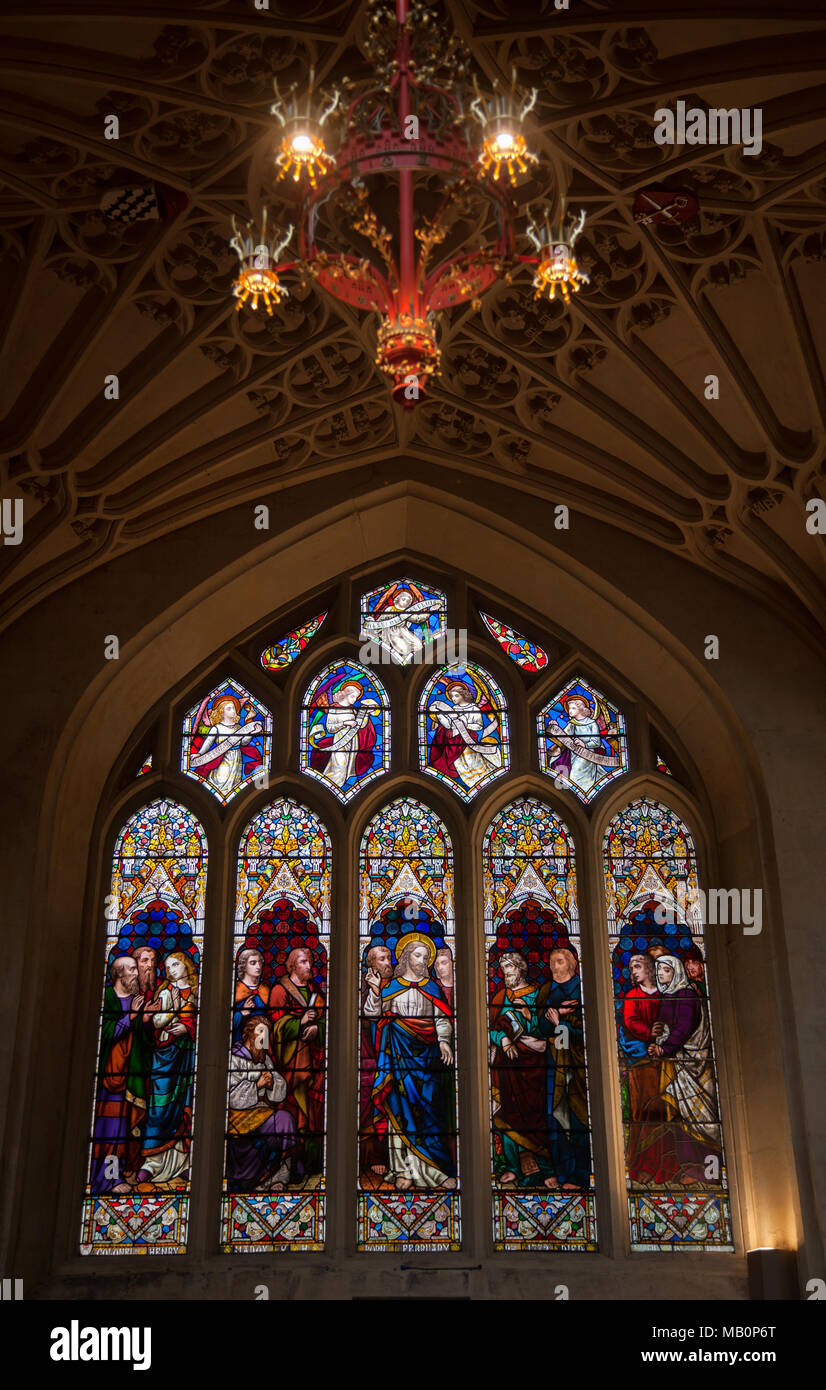 BATH, UK - JUN 11, 2013: Stained glass window of the Abbey Church of ...