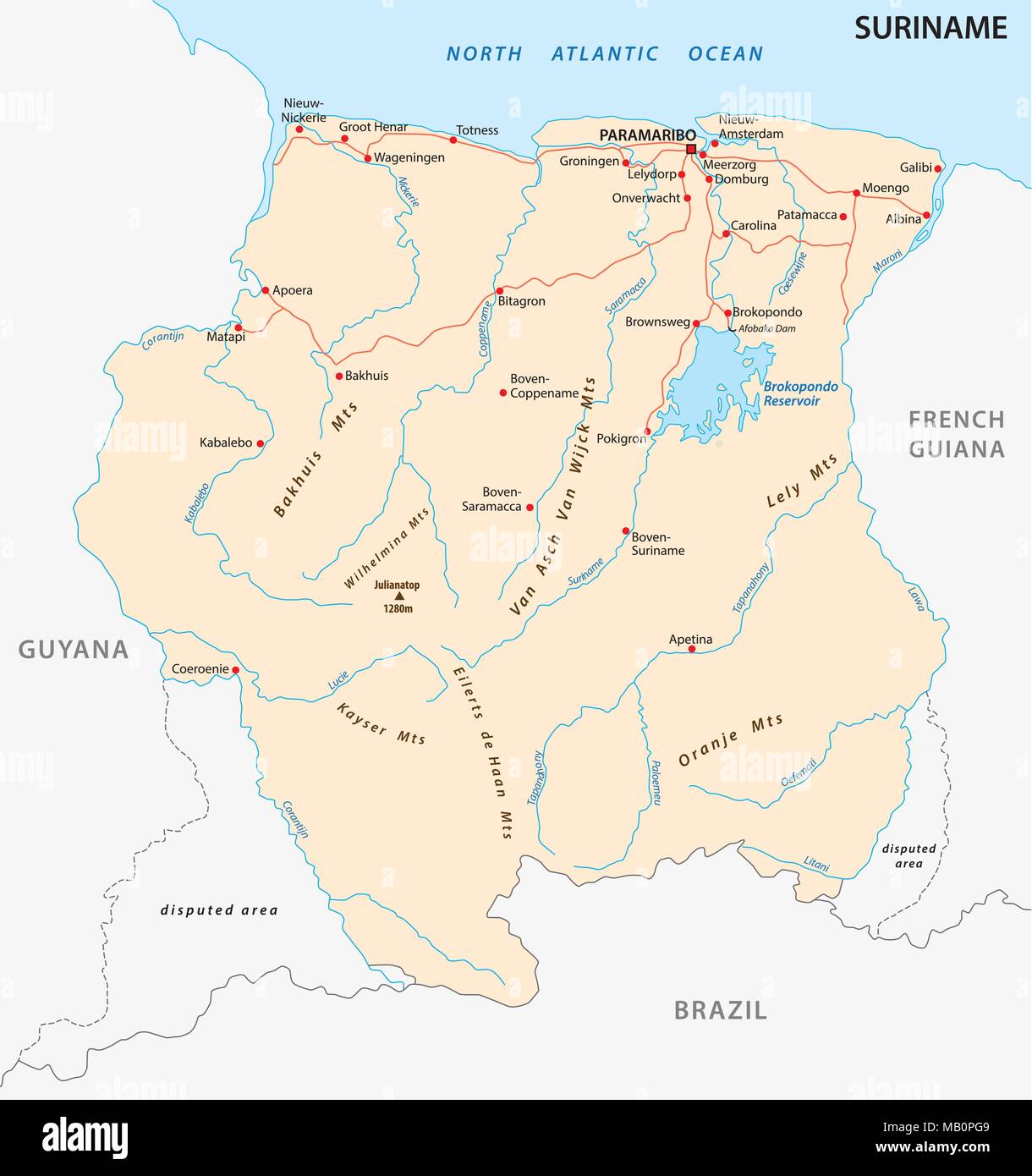 Vector road map of the South American state suriname Stock Vector Image ...