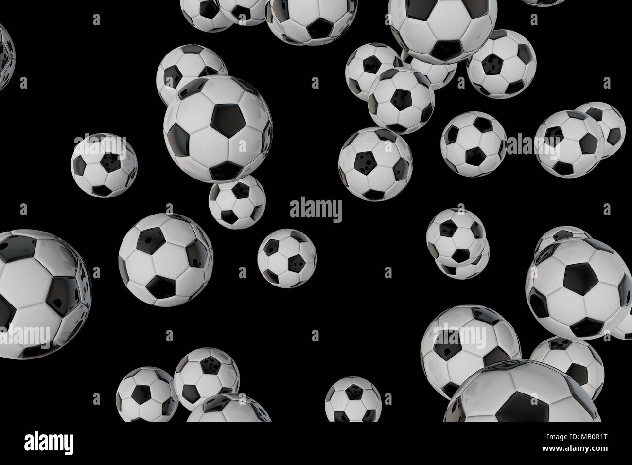 Falling football soccer balls on a plain black background. 3D Rendering ...