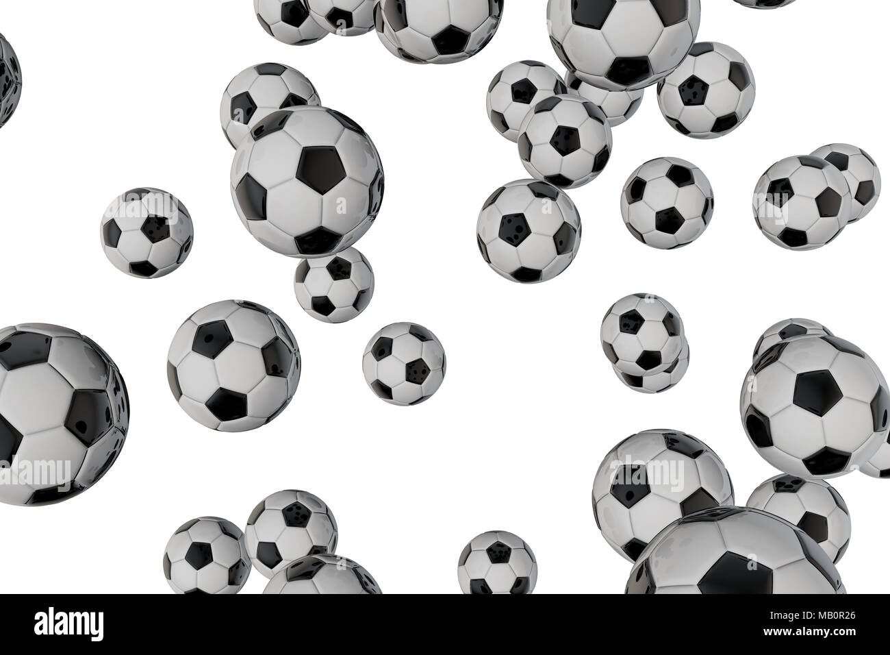 Falling football soccer balls on a plain white background. 3D Rendering ...