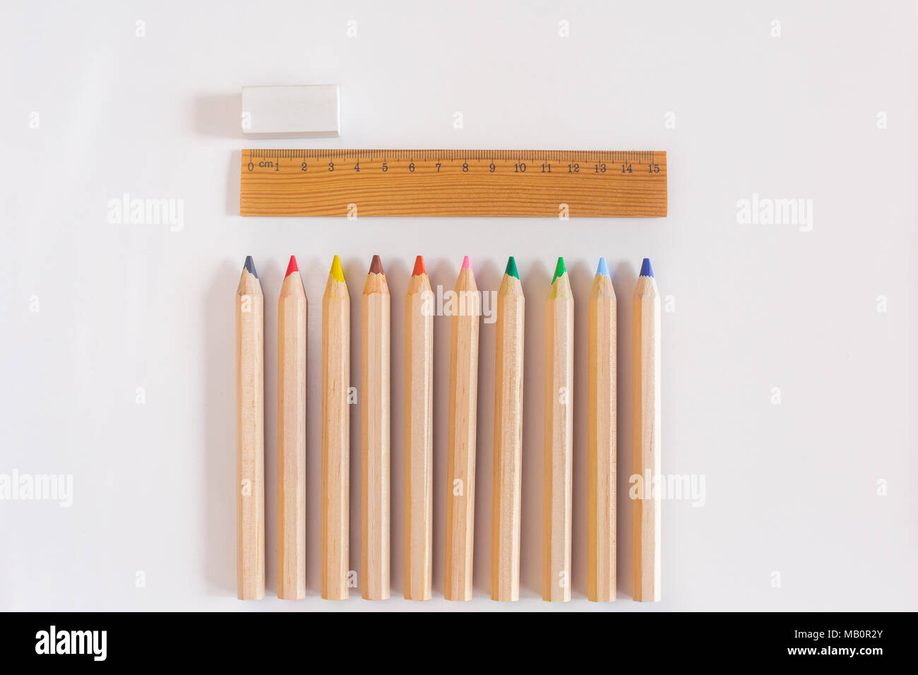 Wood ruler and pencil with rubber on the white backgruond Stock Photo ...