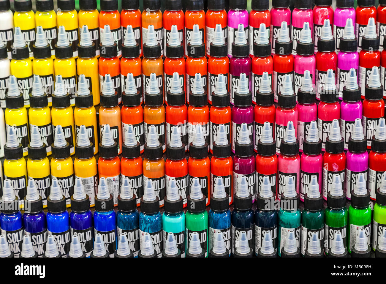 England, London, London Tattoo Convention, Display of Tattooing Ink ...