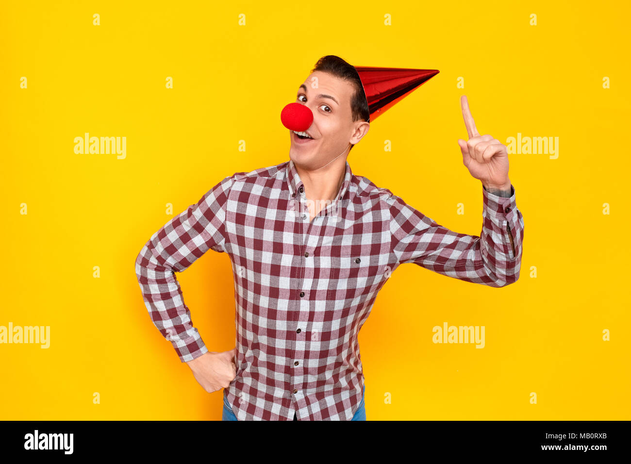 Clown man finger up and have a idea. Fool's day emotions and feelings ...