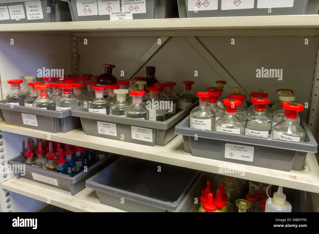 Shelves of school chemical bottles (sulphuric acid) in a typical UK ...