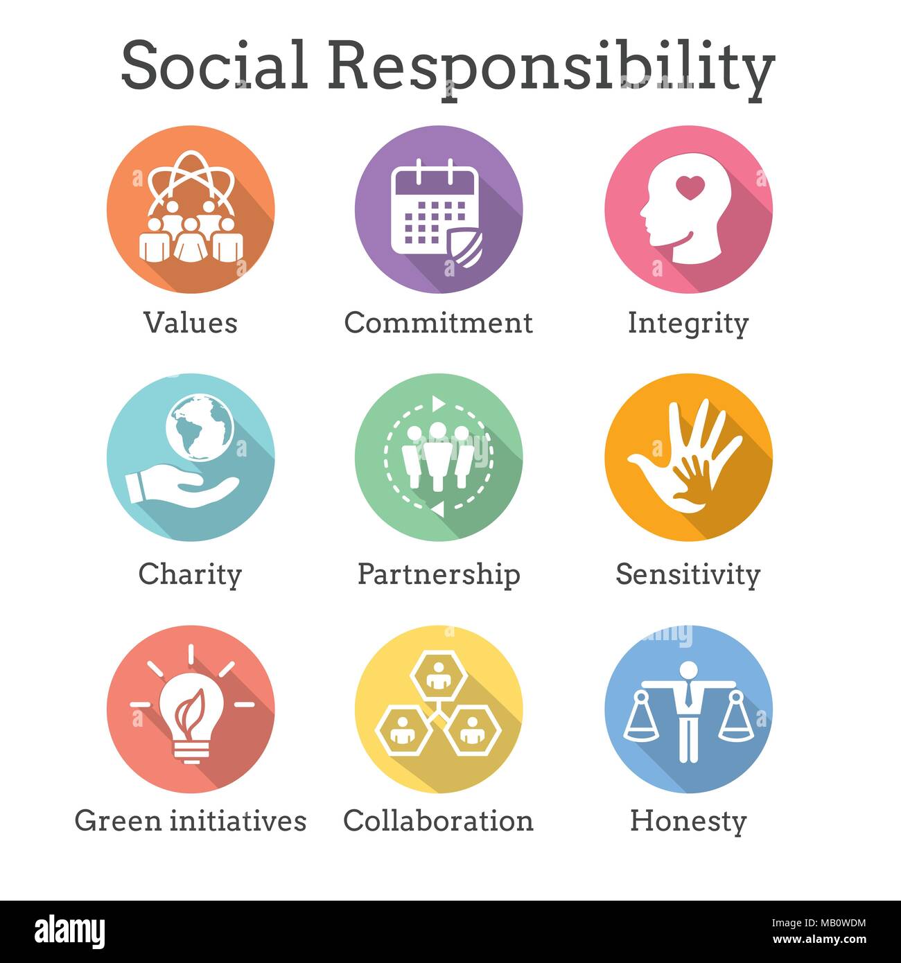 Social Responsibility Solid Icon Set with Honesty, integrity ...