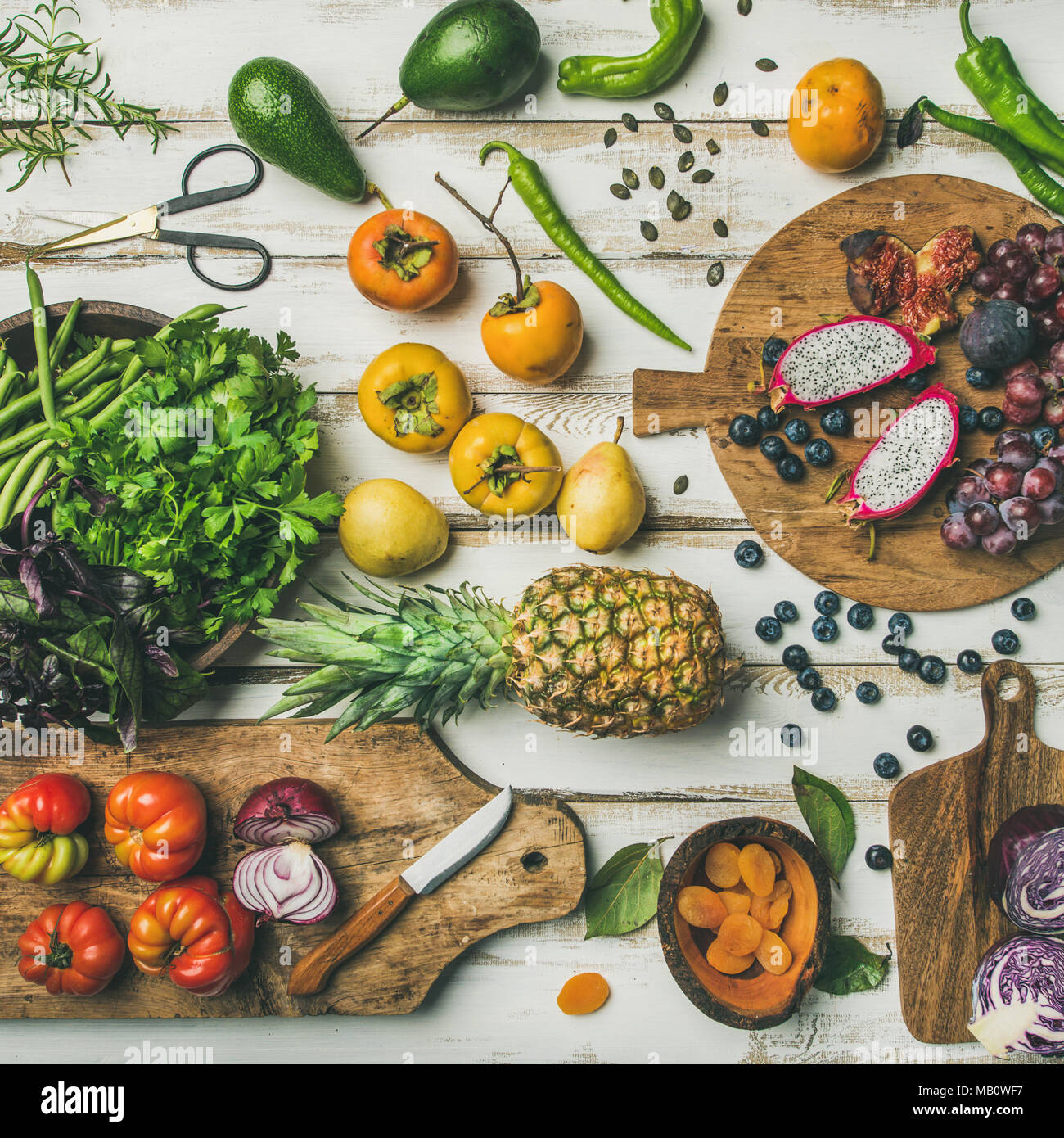 Helathy vegan food cooking background with uncooked fruites and ...