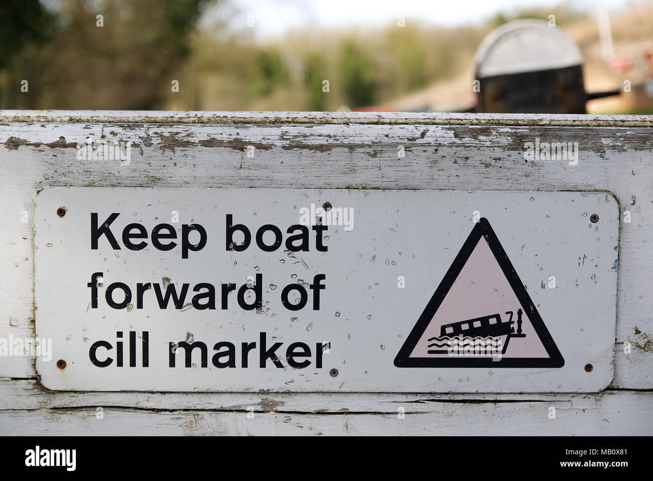 Old canal lock sign with guidance to Keep boat forward of cill marker ...