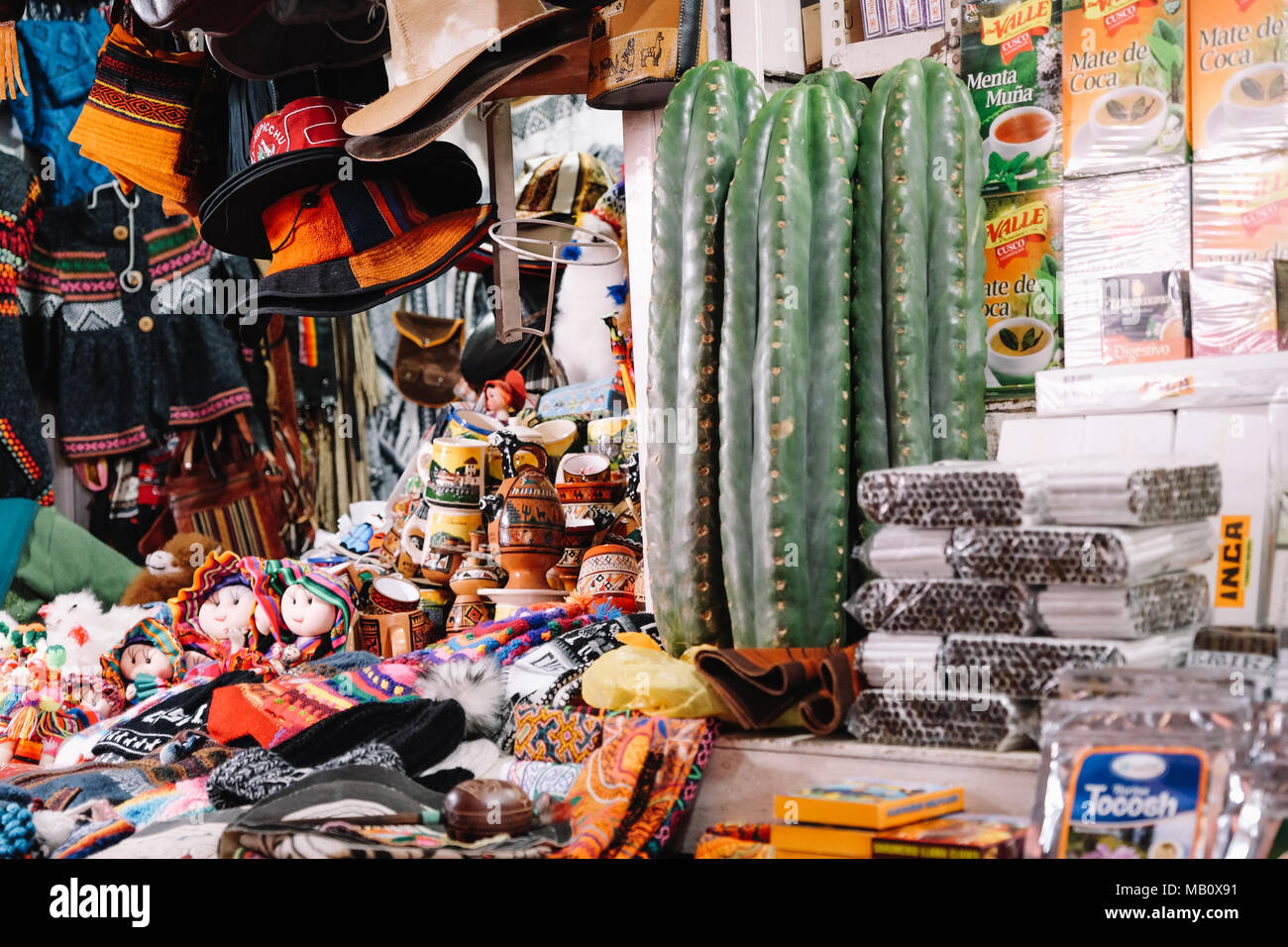 San Pedro cactus and souvenirs in the San Pedro Market in Cusco, Peru ...