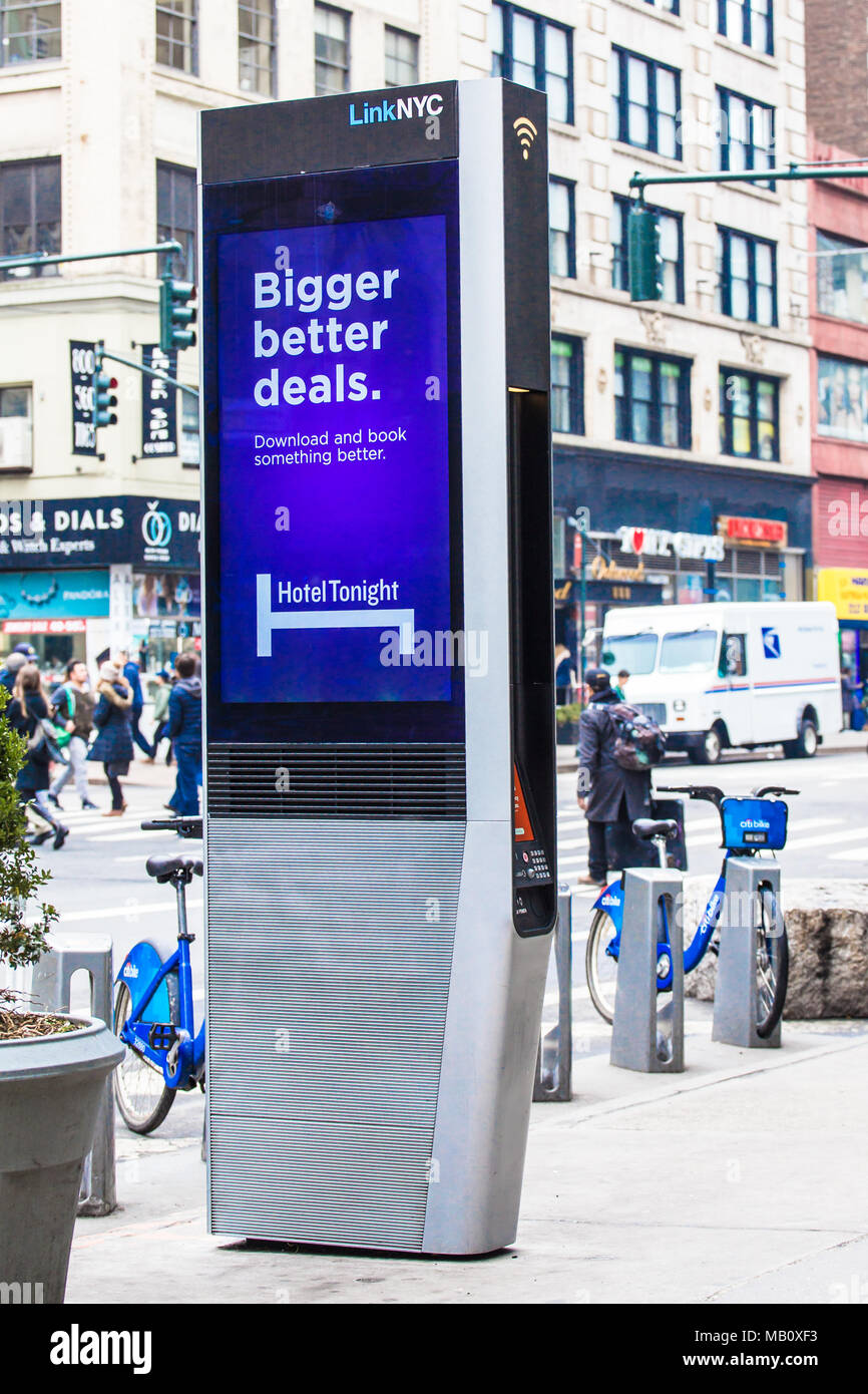 NEW YORK CITY - MARCH 29, 2018: LinkNYC Wi-fi kiosk on the street in New York City in midtown ...