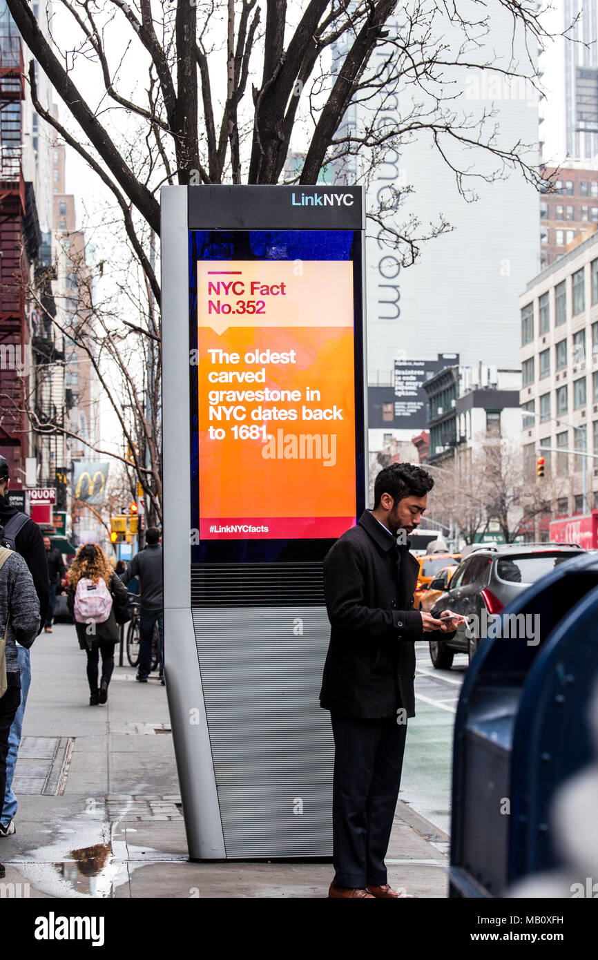 NEW YORK CITY - MARCH 29, 2018: LinkNYC Wi-fi kiosk on the street in New York City in midtown ...