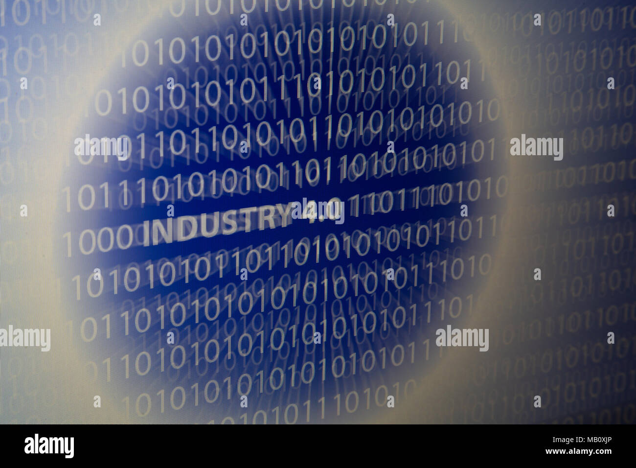 Industry 4.0 white word text and numbers zero and one (binary) as a ...