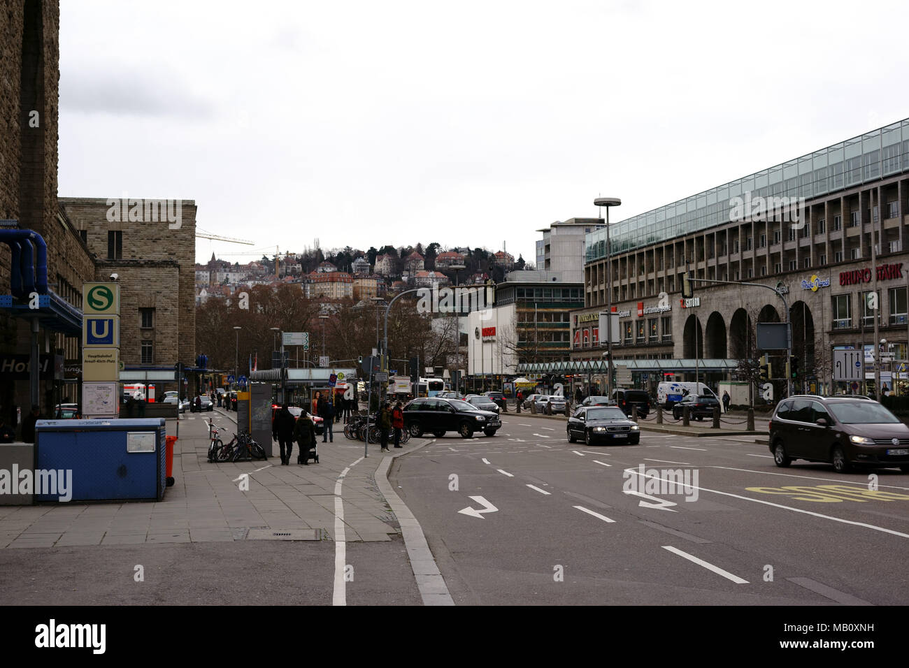 Stuttgart, Germany - February 03, 2018: Business buildings, hotels and traffic along the Theodor ...