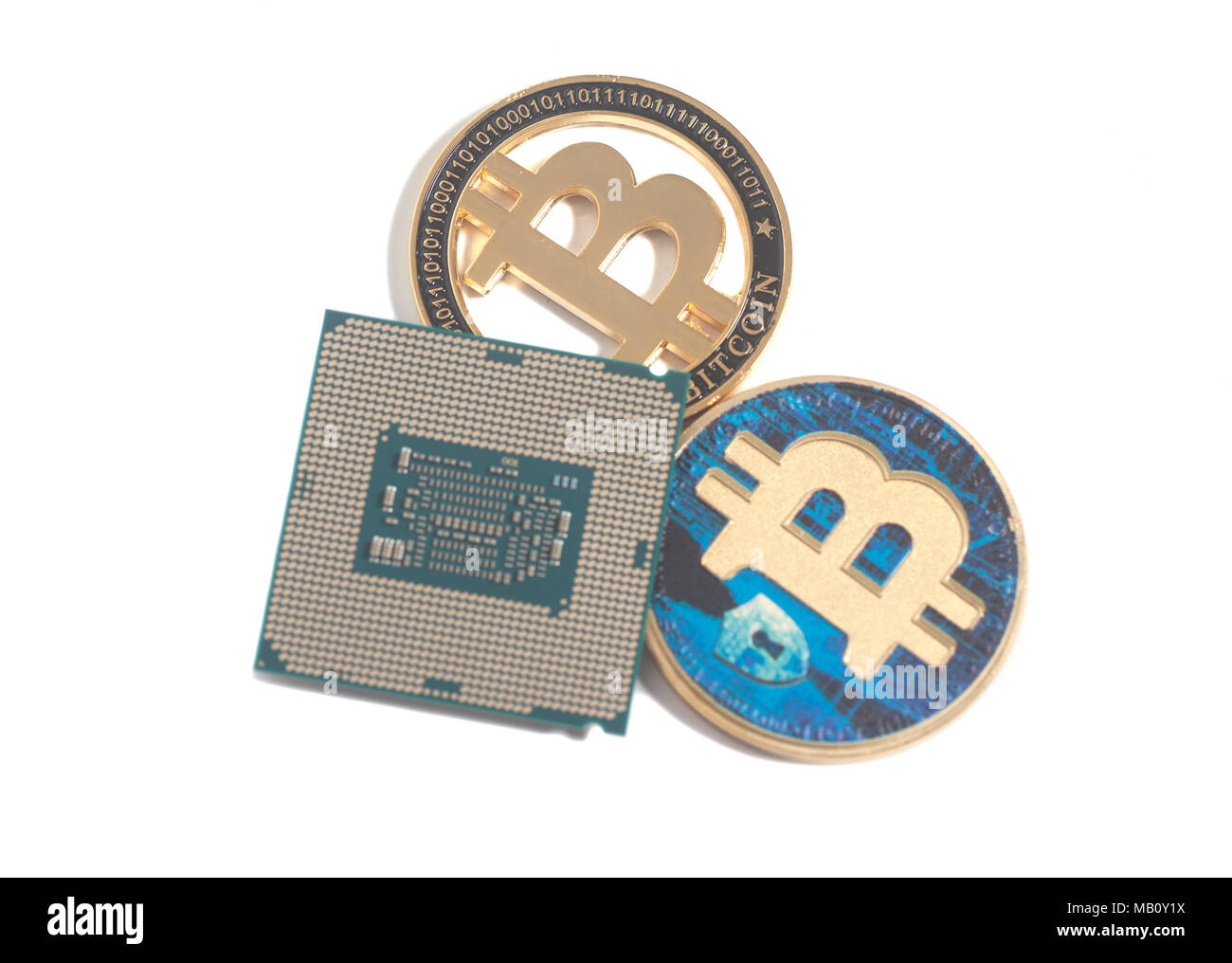 Central processing unit CPU microchip with Bitcoins isolated on white ...