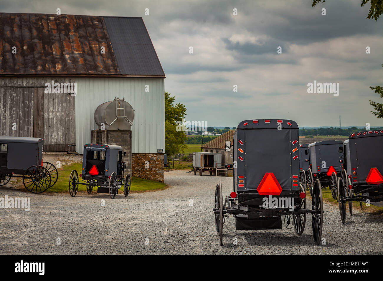 New Holland, PA, USA - June 17, 2012: Amish buggies are parked at a ...