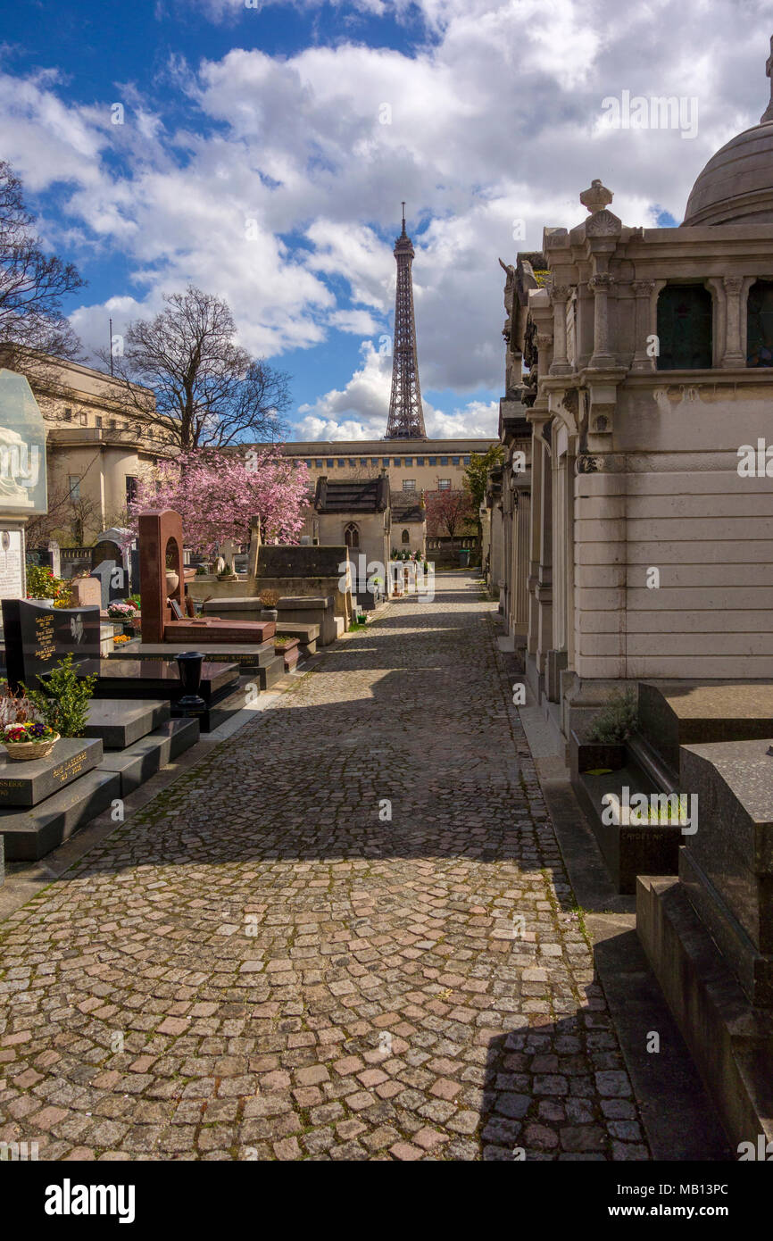 Passy Cemetery with the Eiffel Tower in the distance, Paris, France ...