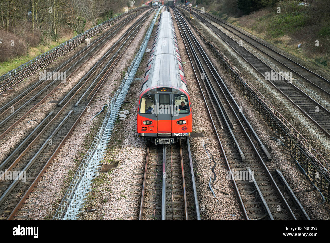 20 March 2018 - London, England. Red 1996 rolling stock train runs on ...
