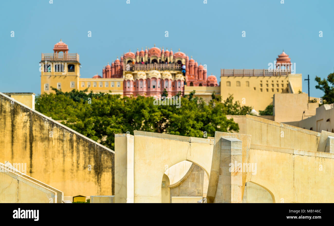View of Hawa Mahal above Jantar Mantar in Jaipur - Rajasthan, India ...