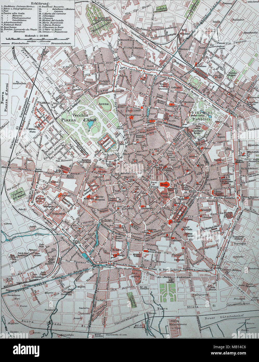 Stadtplan von Mailand, Italien, 1895, city map of Milan, Italy, digital ...