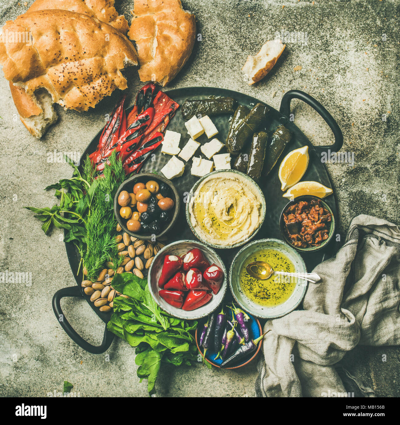 Mediterranean, Middle Eastern meze starters platter. Flat-lay of ...