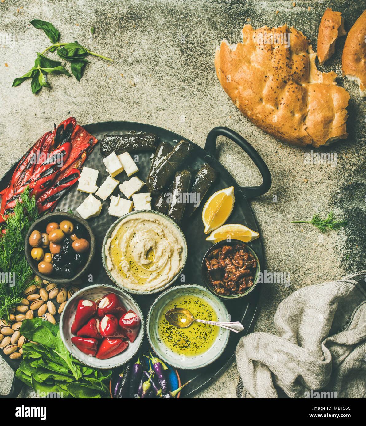 Mediterranean, Middle Eastern meze starters platter. Flat-lay of ...