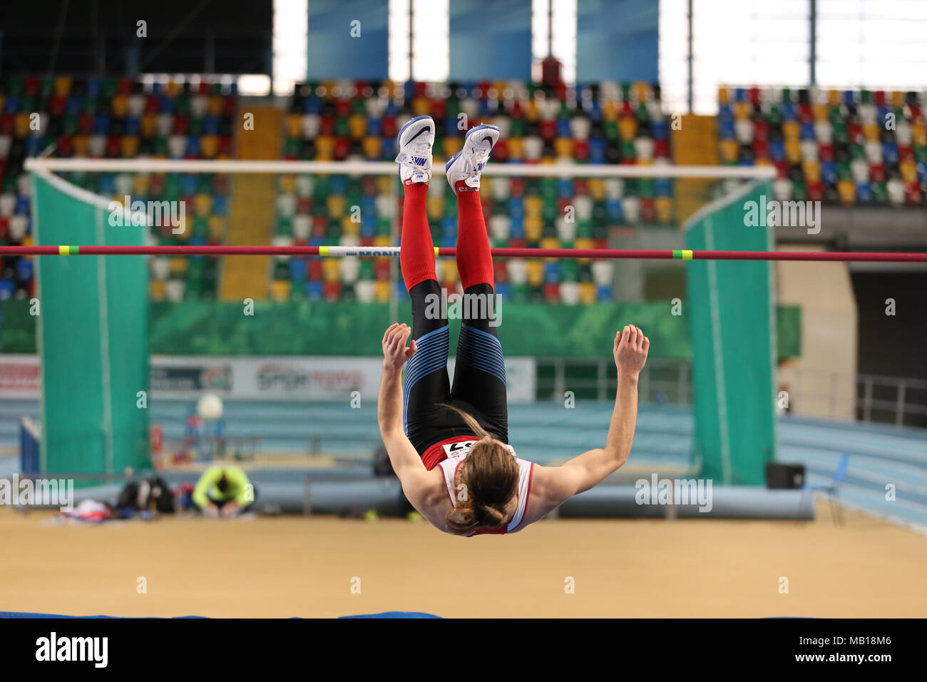 ISTANBUL, TURKEY - DECEMBER 23, 2017: Undefined athlete high jumping ...