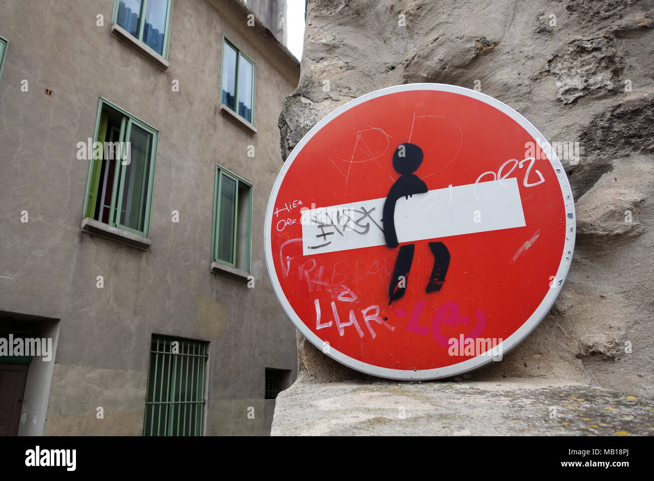 Vandalised no entry street road sign humorous funny road sign Stock ...