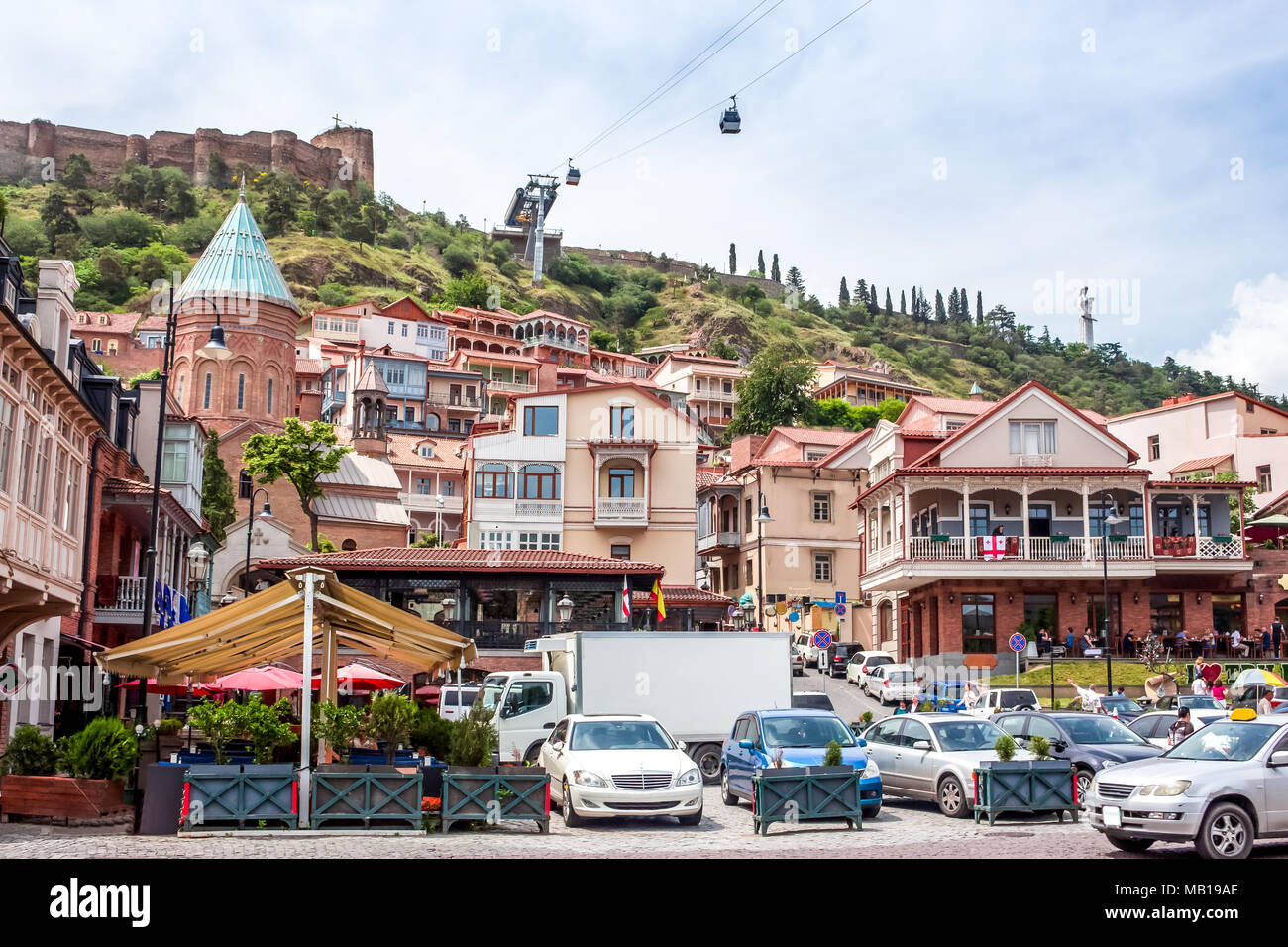 Traditional wooden carving balconies in Sololaki of Old Town of Tbilisi ...