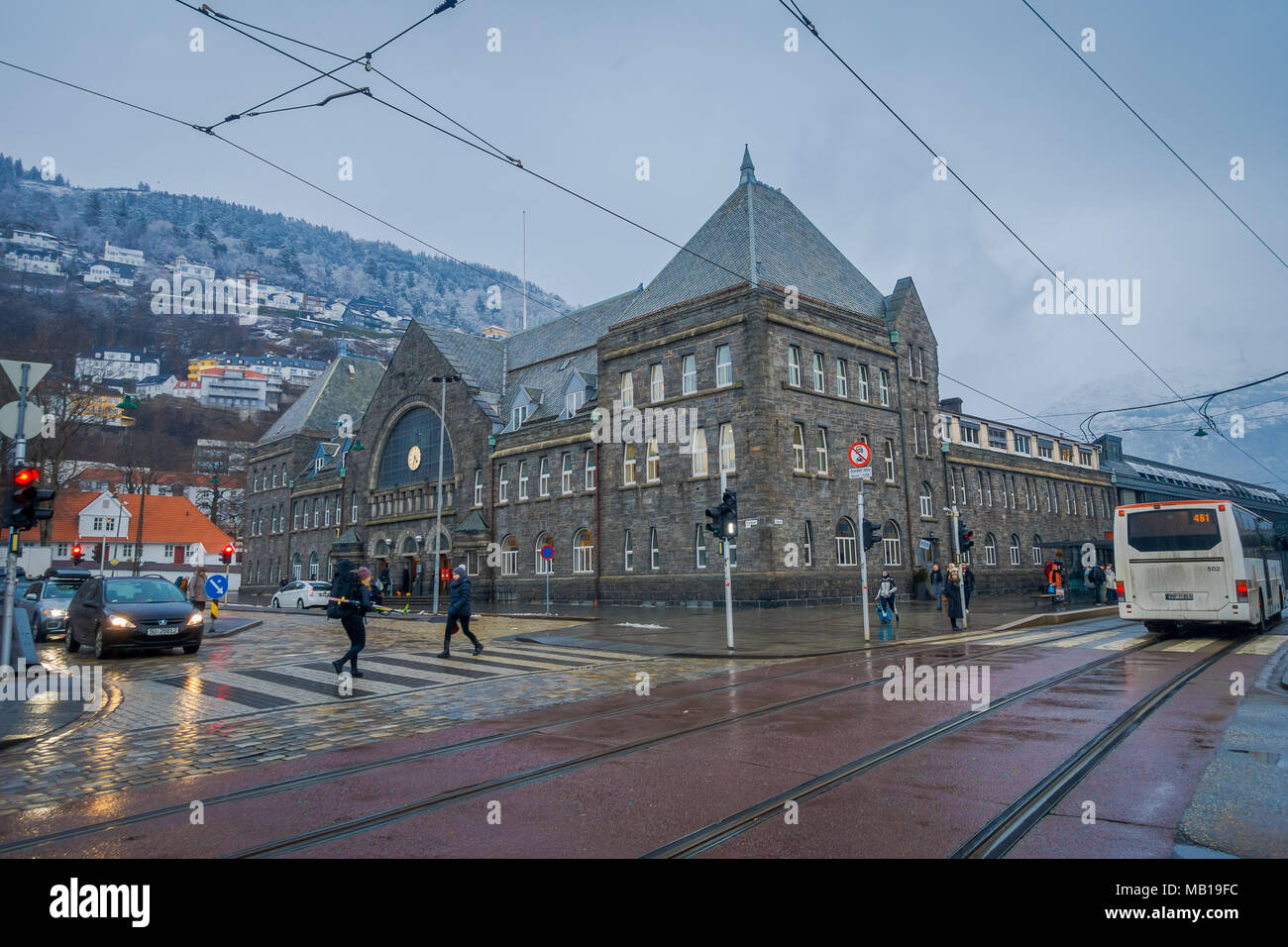 Bergen, Norway - April 03, 2018: Outdoor view of people walking in the ...