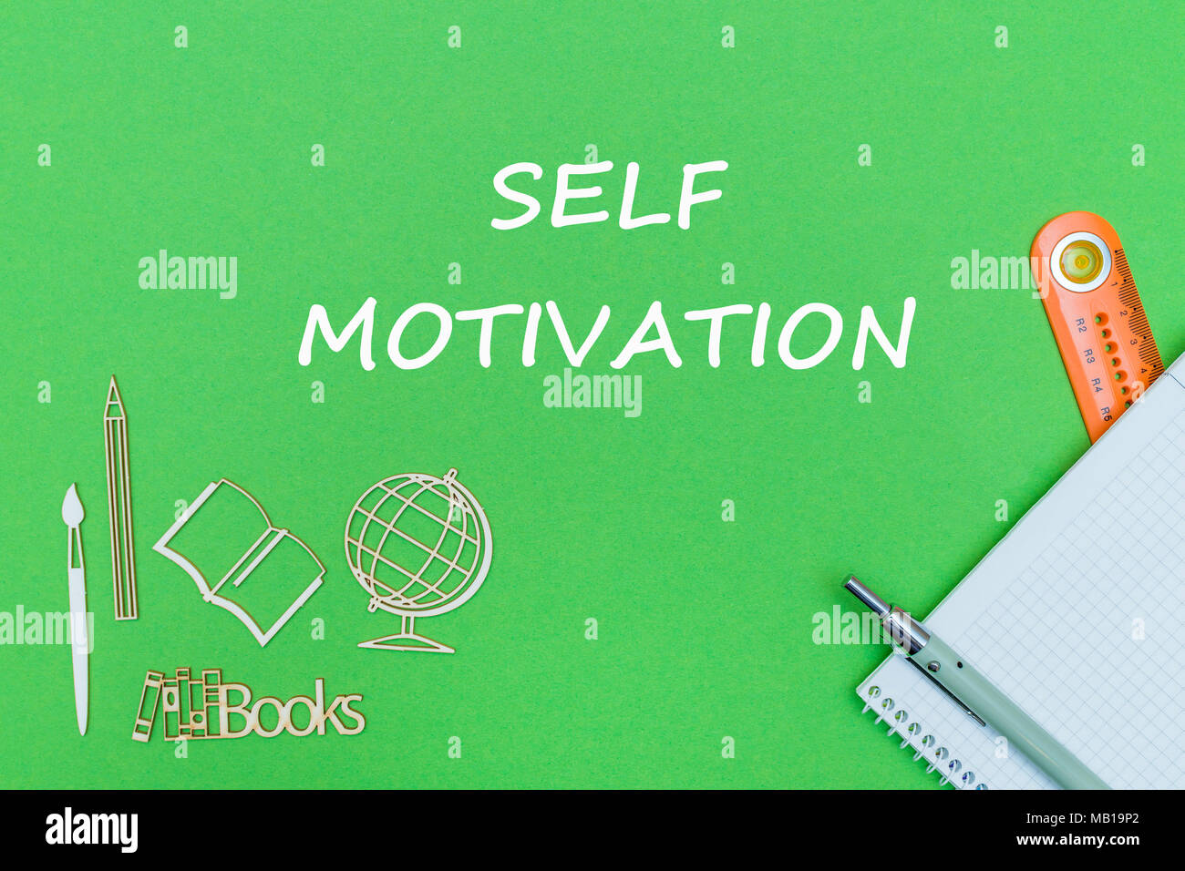 concept school, text self motivation, school supplies, notebook, ruler ...