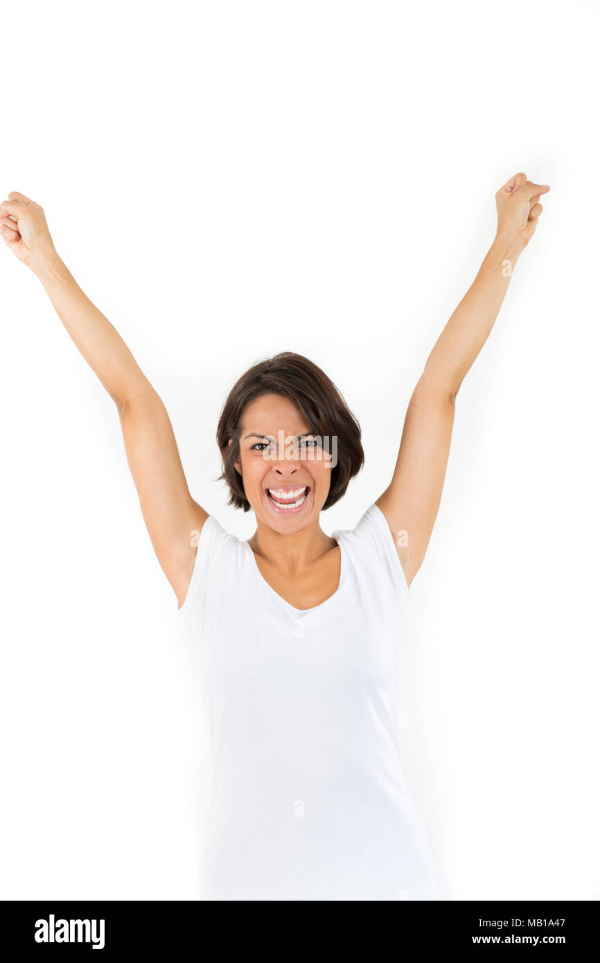 Portrait of Young Beautiful Winning Woman, Isolated on White Stock ...