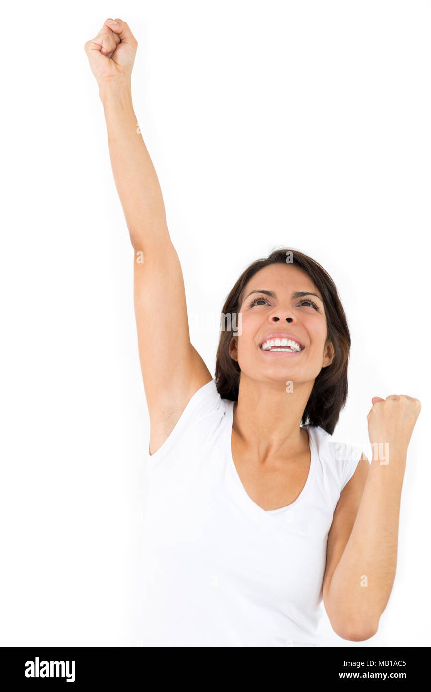Portrait of Young Woman Cheering, Isolated on White Stock Photo - Alamy