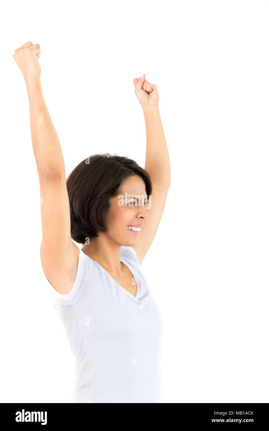 Portrait of Young Woman Cheering, Isolated on White Stock Photo - Alamy