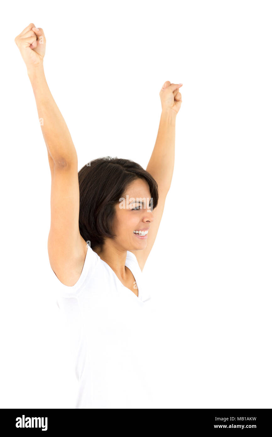 Portrait of Young Woman Cheering, Isolated on White Stock Photo - Alamy
