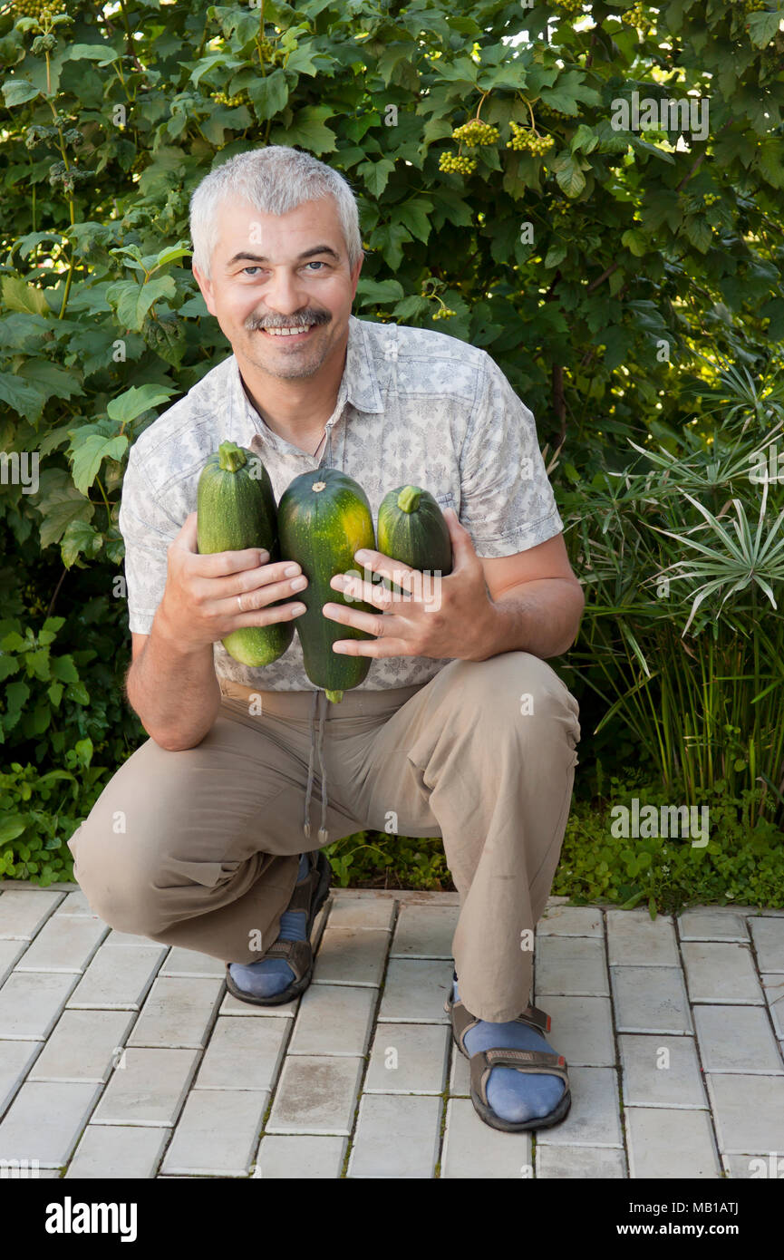 Satisfied man with three zucchini in garden Stock Photo - Alamy
