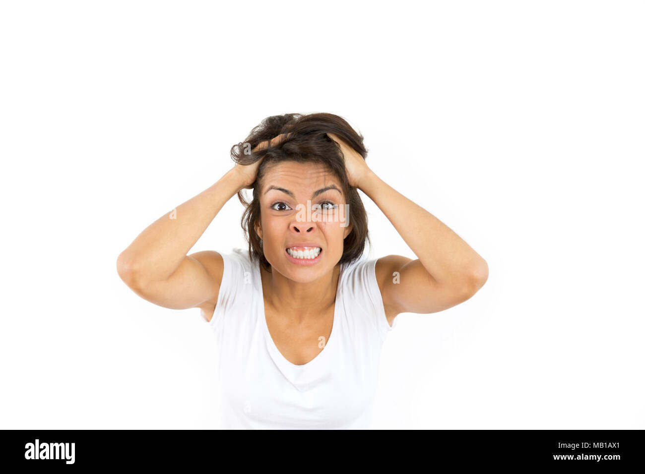 Worried Woman Over White Background Stock Photo - Alamy