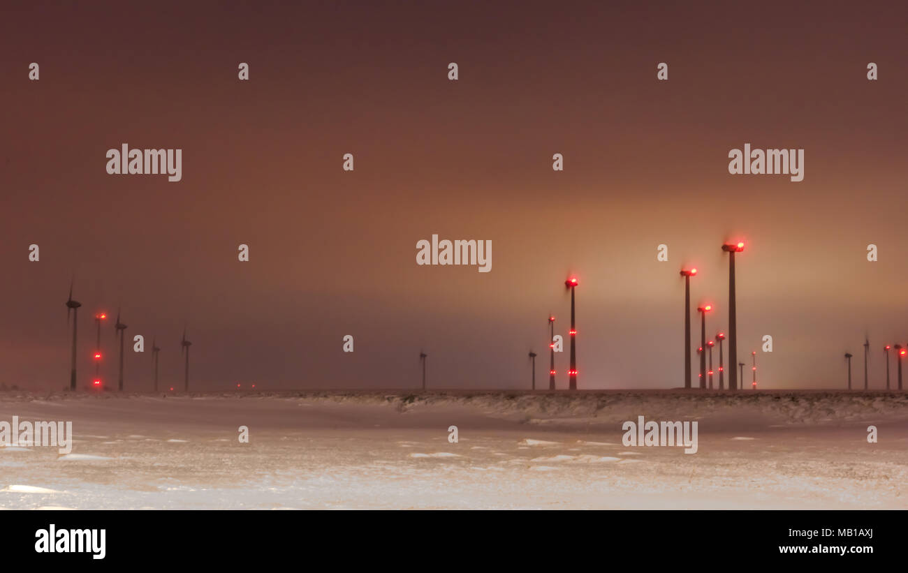 wind farm in the night with red lights Stock Photo - Alamy