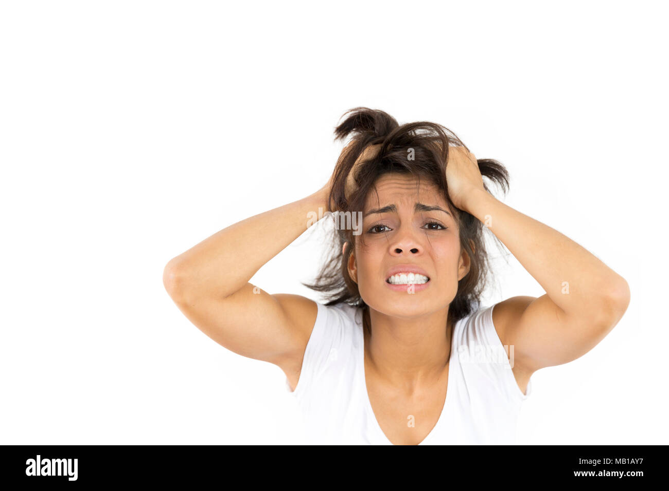Worried Woman Over White Background Stock Photo - Alamy