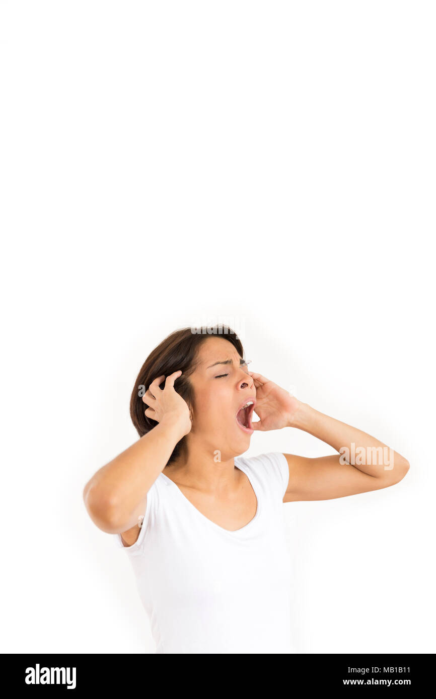 Portrait of Tired Young Woman Over White Background Stock Photo - Alamy