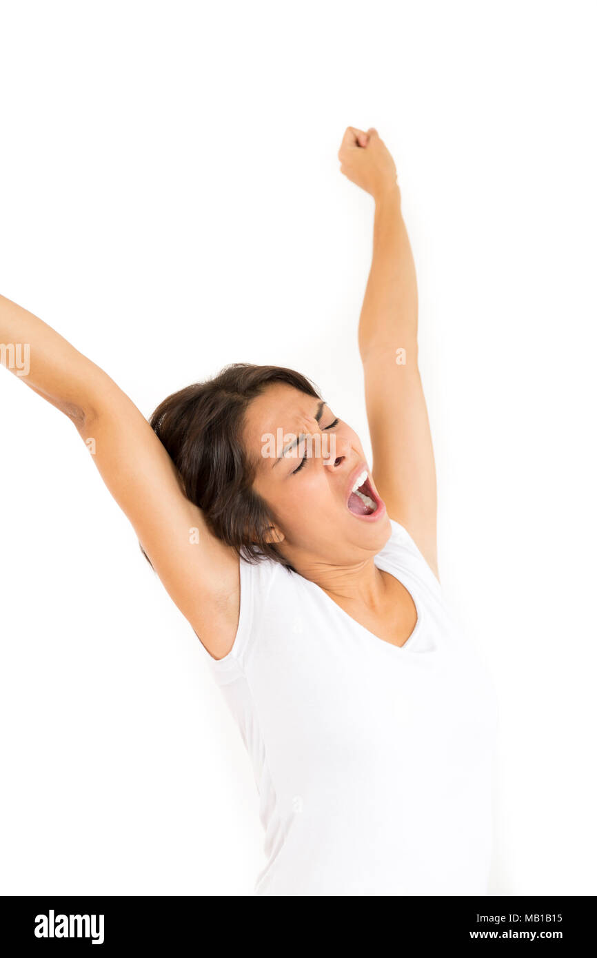 Portrait of Tired Young Woman Over White Background Stock Photo - Alamy